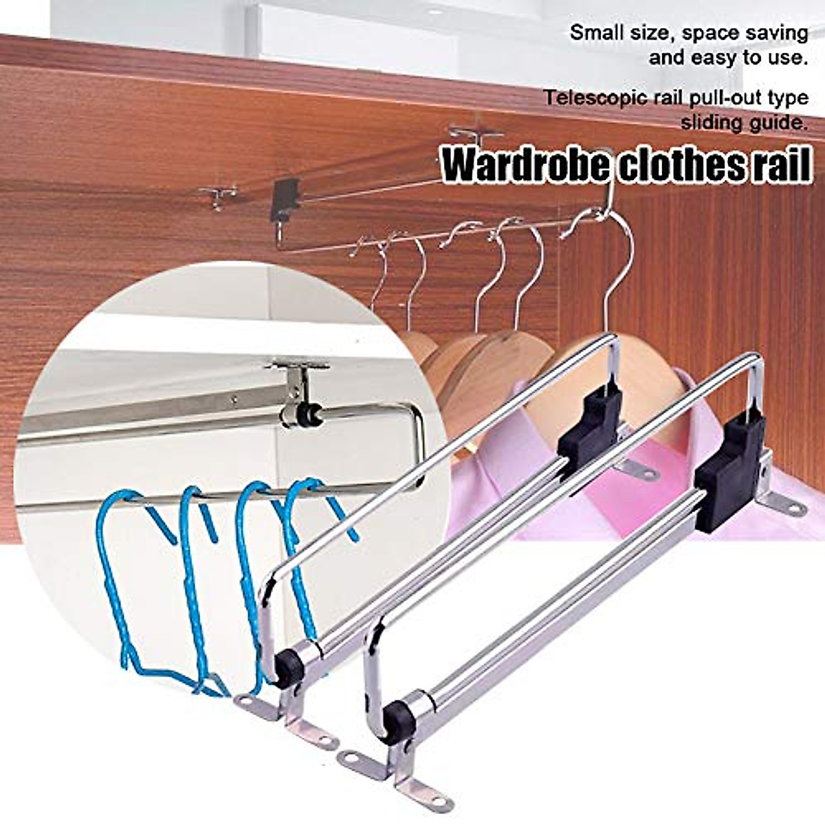 EMVANV Retractable Wardrobe Pull Out Rod, Telescopic Hanging Closet Valet Rod Extending Rail Pull Out Hanger Valet Rod Rail Sliding Extending Clothes Rod Hanger Rail