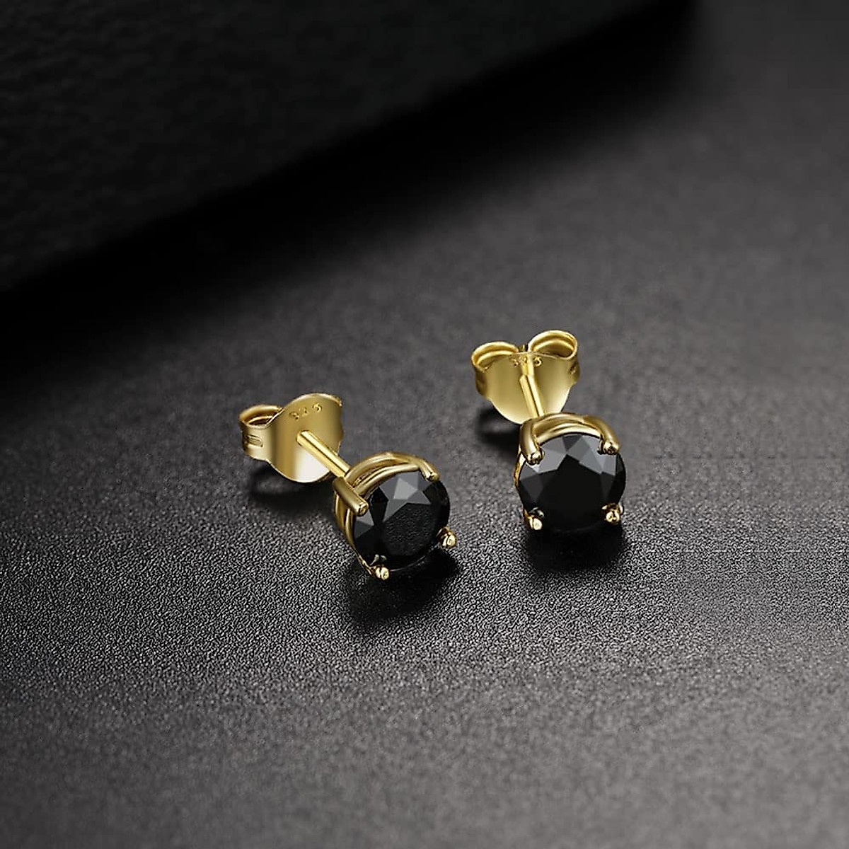 Foruiston 925 Sterling Silver Black Stud Earrings for Women and Men, Solitaire Cubic Zirconia Round & Princess Cut Heart-Shaped, 6mm (Round-Cut, Gold)