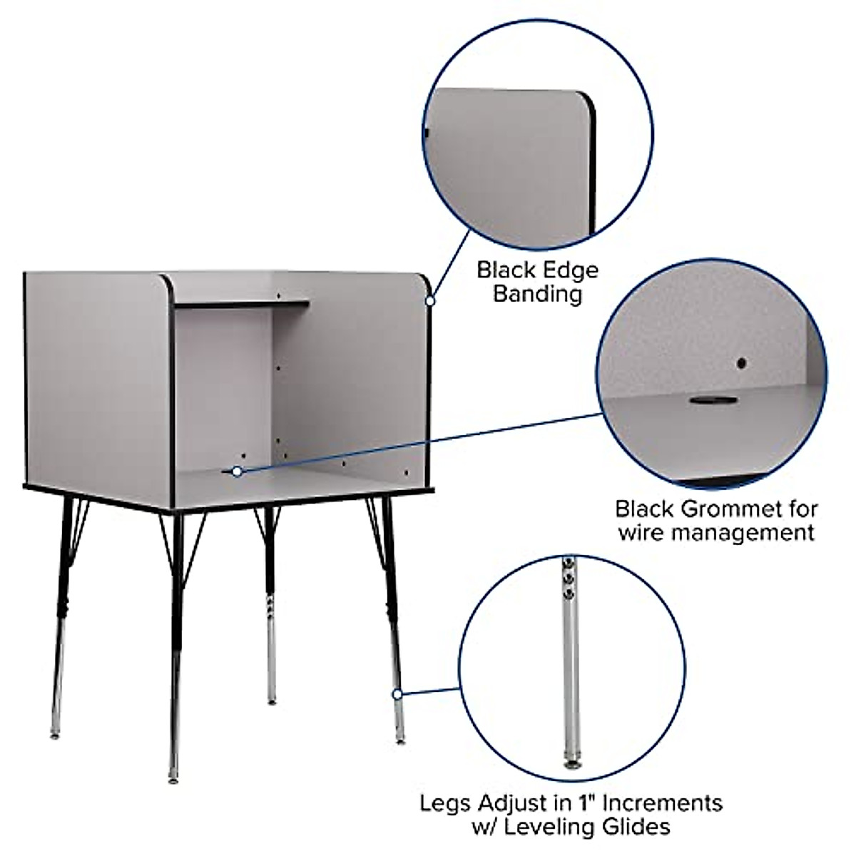 Flash Furniture Study Carrel - Nebula Grey Finish with Top Shelf - Height Adjustable Legs - Wire Management Grommet