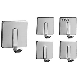 Adhesive Hooks - 5 Pack Heavy Duty Wall Hooks Waterproof Stainless Steel Hooks for Hat Towel Robe Hooks Rack Wall Mount - Bathroom Kitchen Home Hotel Office Cabinet and Bedroom CHROM03