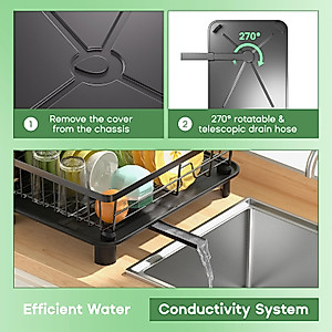 YUWENUS Dish Drying Rack, Space-Saving Dish Rack for Kitchen Counter, Anti-Rusty Stainless Steel Dish Drainer with Utensil Holder, escurridor de platos for Kitchen (Black)