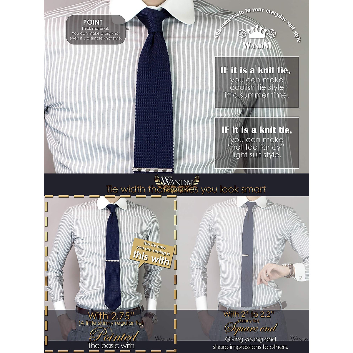 WANDM Men's Pointed Knit Tie Necktie Width 2.75 inches Washable Solid Color Navy Blue