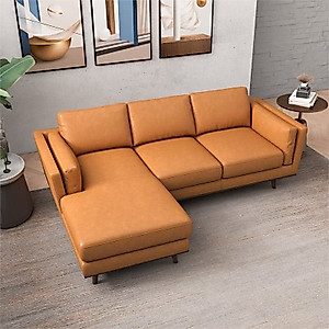 ASHCROFT Mid Century Modern 92.9" Tan Genuine Leather Couch Sectional L-Shape Sofa Left Chaise Facing for Living Room, Waiting Area, Office, Apartment/Loft/Home Living, in Cognac Tan