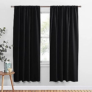 PONY DANCE Blackout Curtains 72 Long - Solid Rod Pocket Thermal Panels Black Out Window Cover Energy Efficient Light Blocking Drapes for Living Room, 42-inch by 72-inch, Black, 2 Pieces