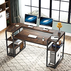 Tribesigns 63 Inches Computer Desk with Open Storage Shelves, Large Office Desk with Monitor Shelf & CPU Stand, Study Writing Table Workstation with Printer Stand for Home Office(Brown)