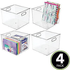 mDesign Small Modern Plastic Storage Organizer Bin Basket with Handles for Craft Room Organization - Shelf, Cubby, Cabinet, and Closet Organizing Decor - Ligne Collection - 4 Pack - Clear