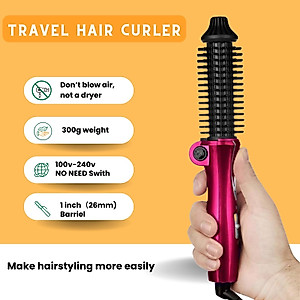Mini Collaspe Hair Curler, Tangle-Free Curling Iron Brush and Volumizer, 1 inch Dual Voltage Travel-Friendly Tourmaline Ceramic Ionic Brush Styling Wand（Don't Blow Air
