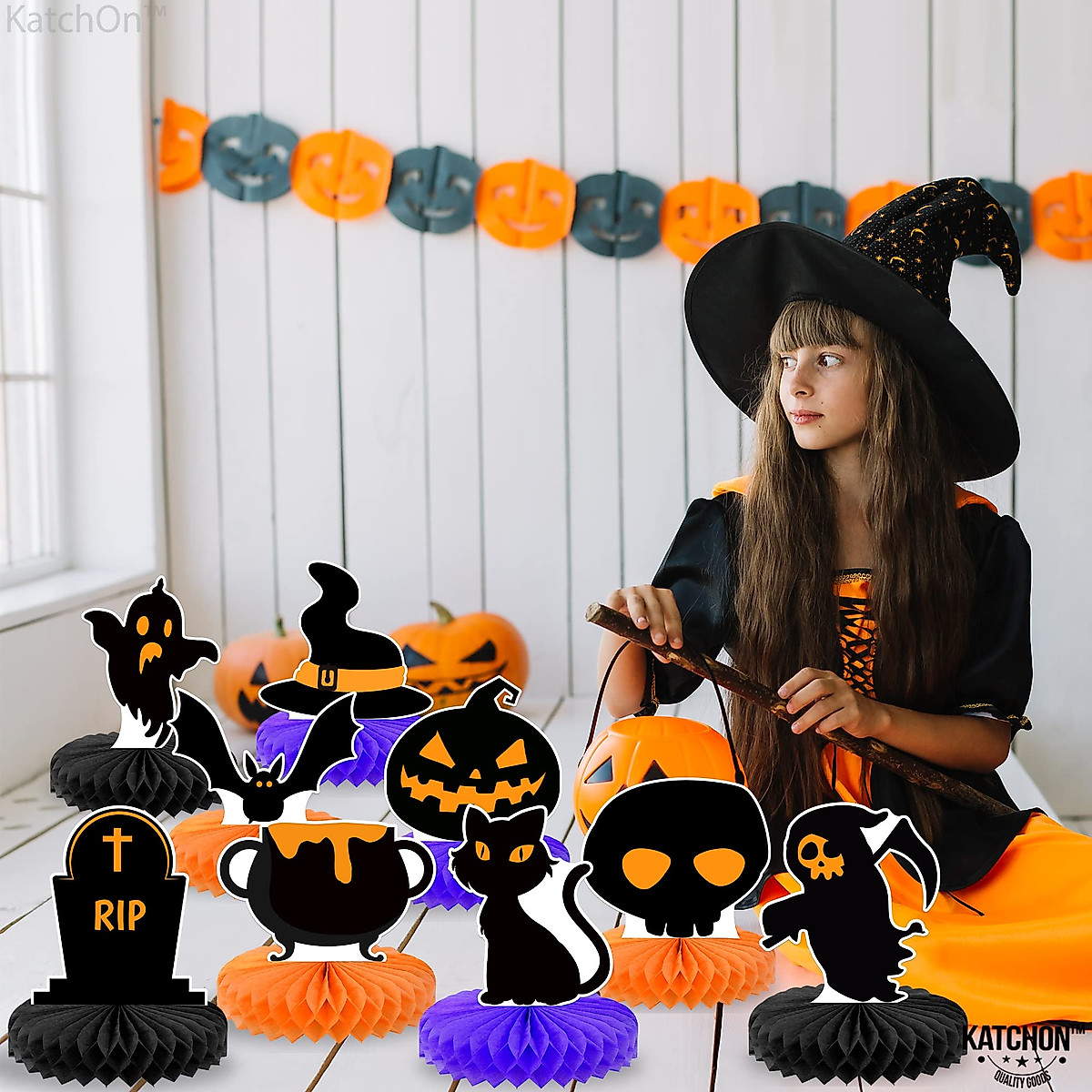 KatchOn, Halloween Centerpieces for Tables - Pack of 9 | Orange and Black Halloween Table Centerpiece for Halloween Table Decorations | Pumpkin Halloween Centerpiece for Halloween Decorations Indoor