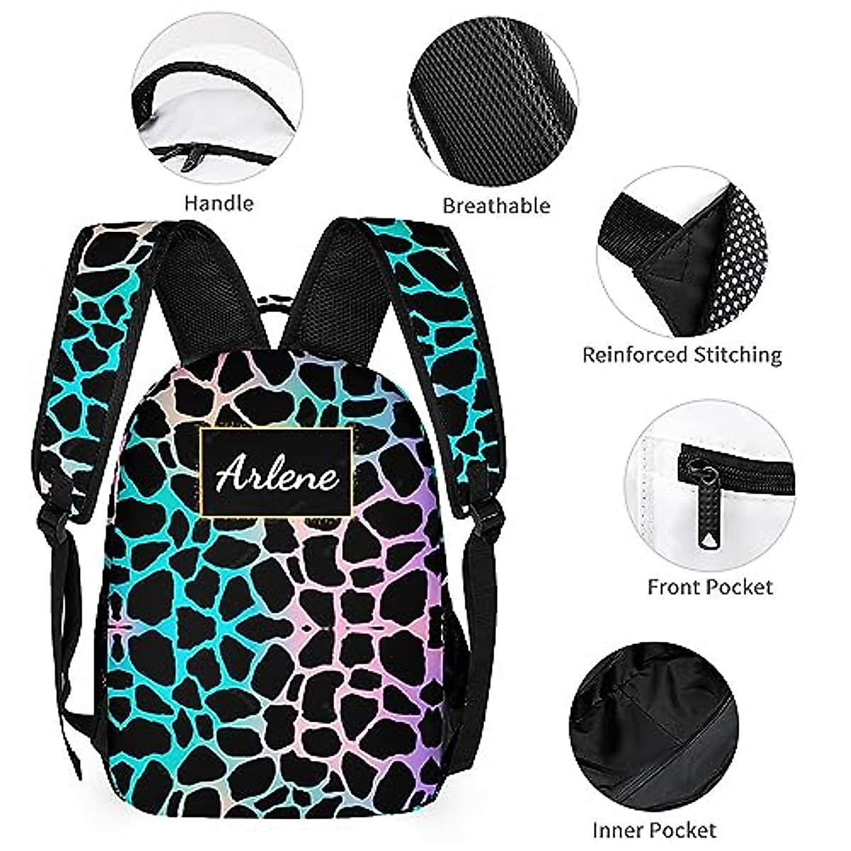 Wellhoope Custom Name Backpack 3PCS Set Cow Print Aesthetic Backpack Lunch Bag Pen Case 3 IN 1 Outdoor Daypack Travel Bag Double Shoulder Laptop Bag Climbing Backpack