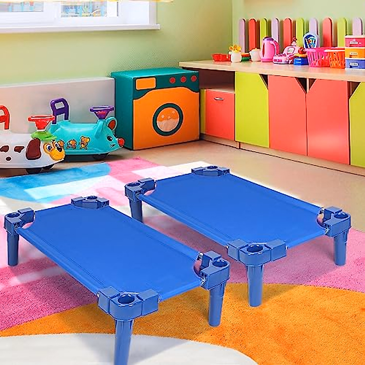 Leinuosen Stackable Daycare Cots for Kids, 47" L x 22" W Portable Toddler Nap Cot for Sleeping, Portable Bed for Preschool Classroom Furniture Ready to Assemble for Sleep (Blue, 12 Pcs)