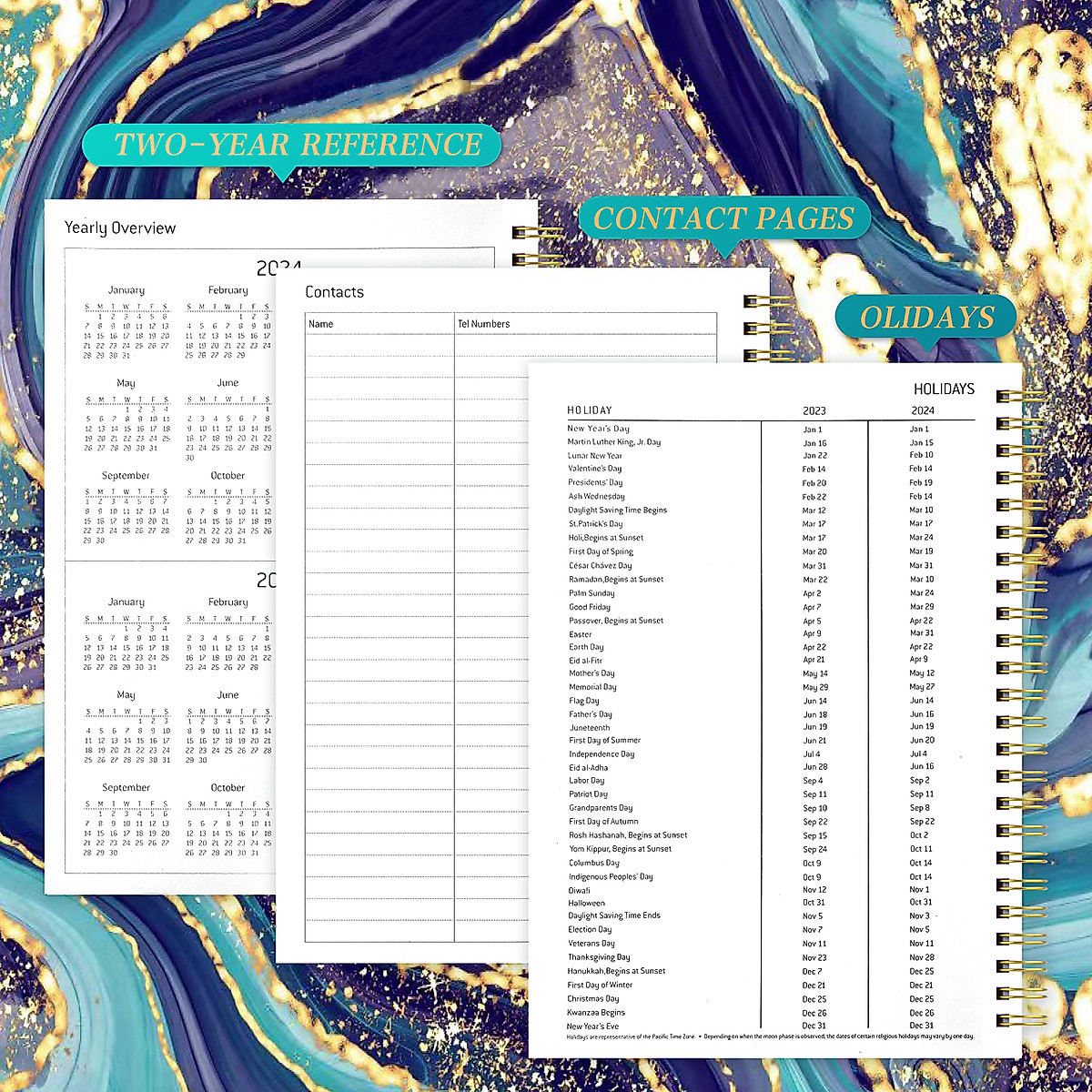 2024 Planner - Academic Weekly & Monthly Planner with Monthly Tabs, Elegant Daily Planner Yearly Calendar from Jan. 2024 to Dec. 2024, Hardcover Elastic Closure 6.4" x 8.5", Blue Waterink