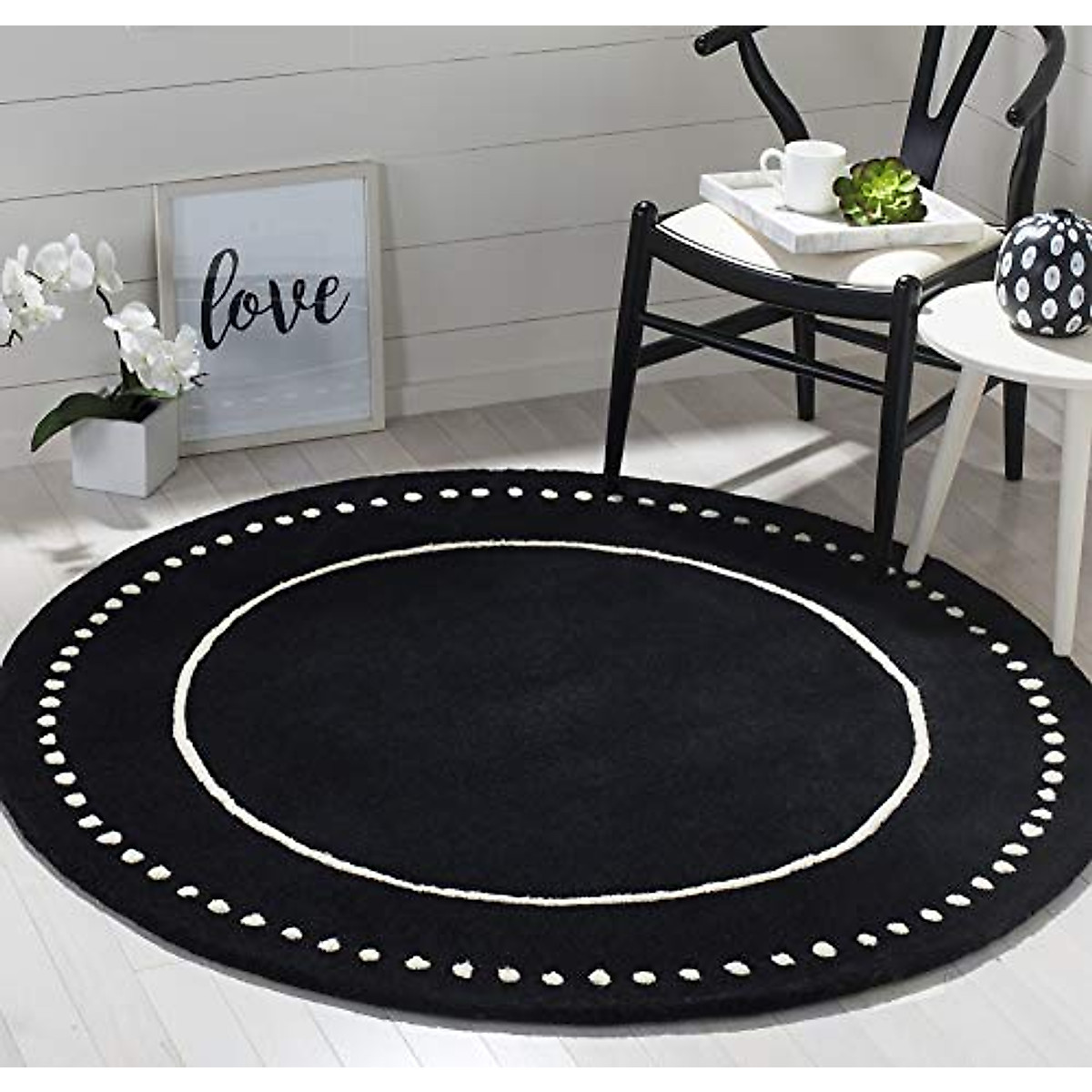 SAFAVIEH Bella Collection Area Rug - 5' Round, Navy Blue & Ivory, Handmade Dotted Border Wool, Ideal for High Traffic Areas in Living Room, Bedroom (BEL151G)