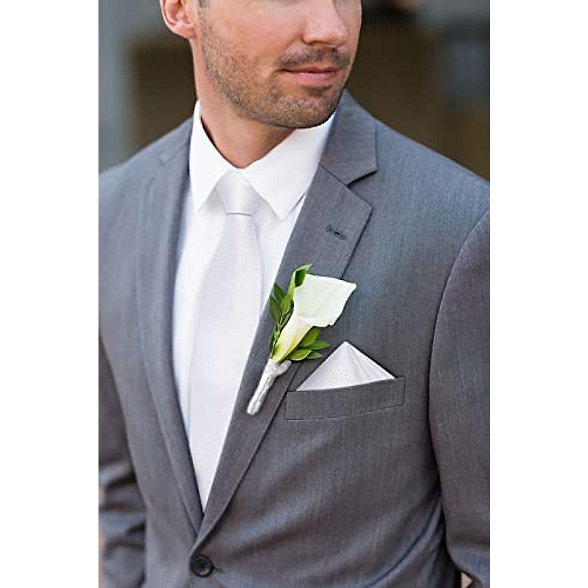 DiBanGu Tie Set for Men Solid Color Necktie, Gold Tie Tack, Gold Tie Ring, Pocket Square, Cufflinks Formal Mens Silk Tie, White