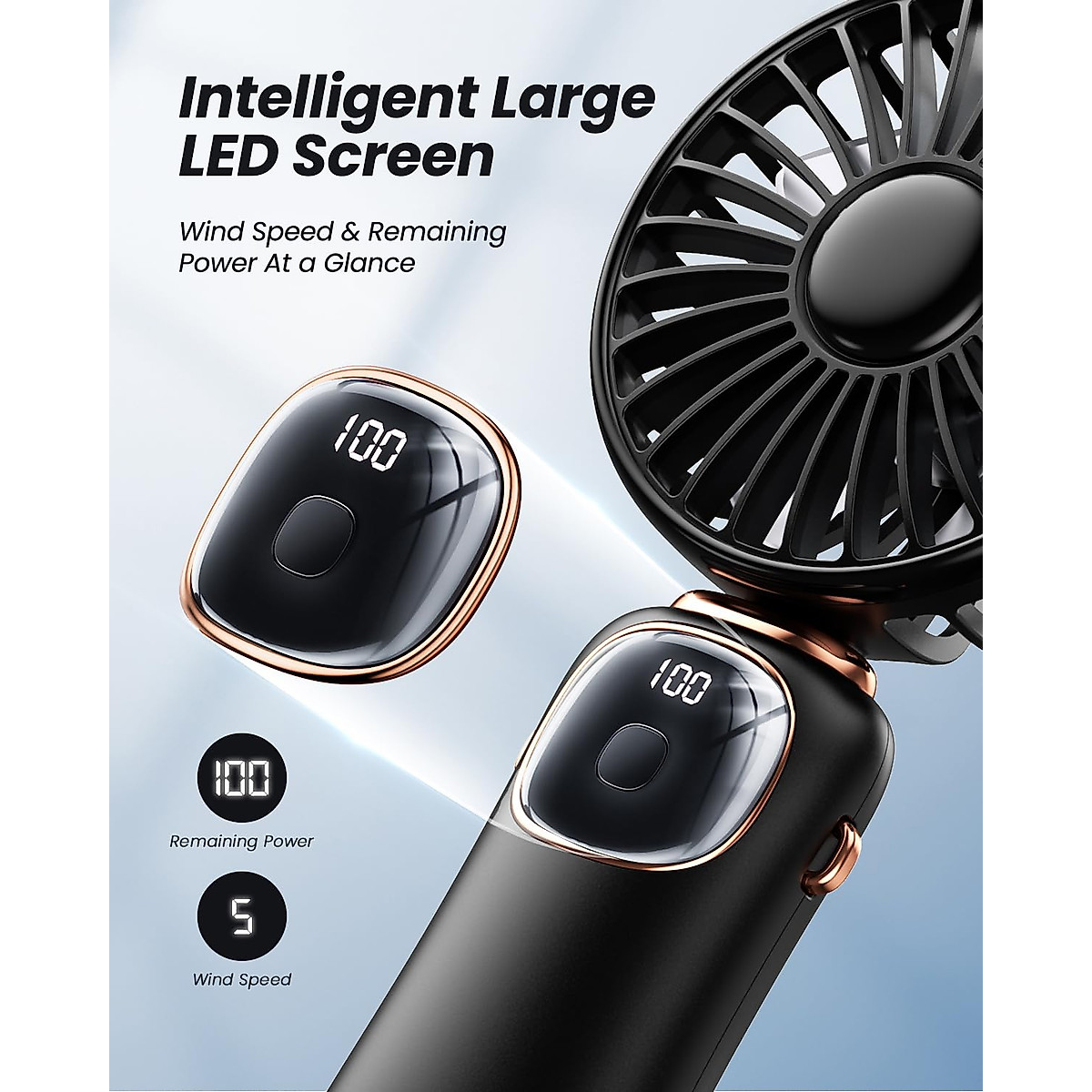 coldSky Portable Handheld Fan, 4000mAh Battery Operated 3 in 1 Multifunction Personal Travel Fan with Digital Display, 90° Foldable Desk Fan with Base, 5 Speed Lash Fan for Makeup/Office (Black)