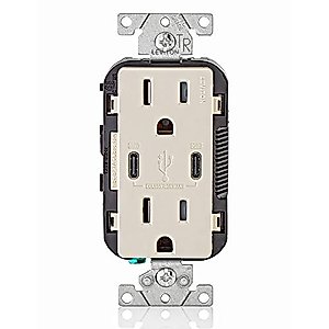 Leviton T5635-T USB Dual Type-C with Power Delivery (PD) In-Wall Charger with 15 Amp, 125 Volt Tamper-Resistant Outlet, Light Almond with Screwless Wallplates, 2-Pack