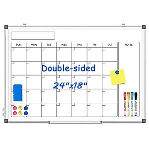 Monthly Calendar Dry Erase Whiteboard for Wall, 24" x 18" Magnetic Calendar White Board, Double-Sided Portable Board for Office, Kitchen, School, Home