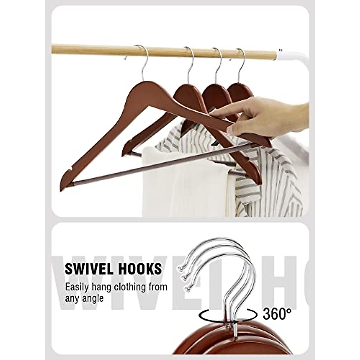 Solid Natural Wooden Coat Hangers, 20 Pack Heavy Duty Smooth Finish Suit Hangers with Non-Slip Pant Bar, Precisely Cut Notches & Chrome Swivel Hook for Closet, Wardrobe