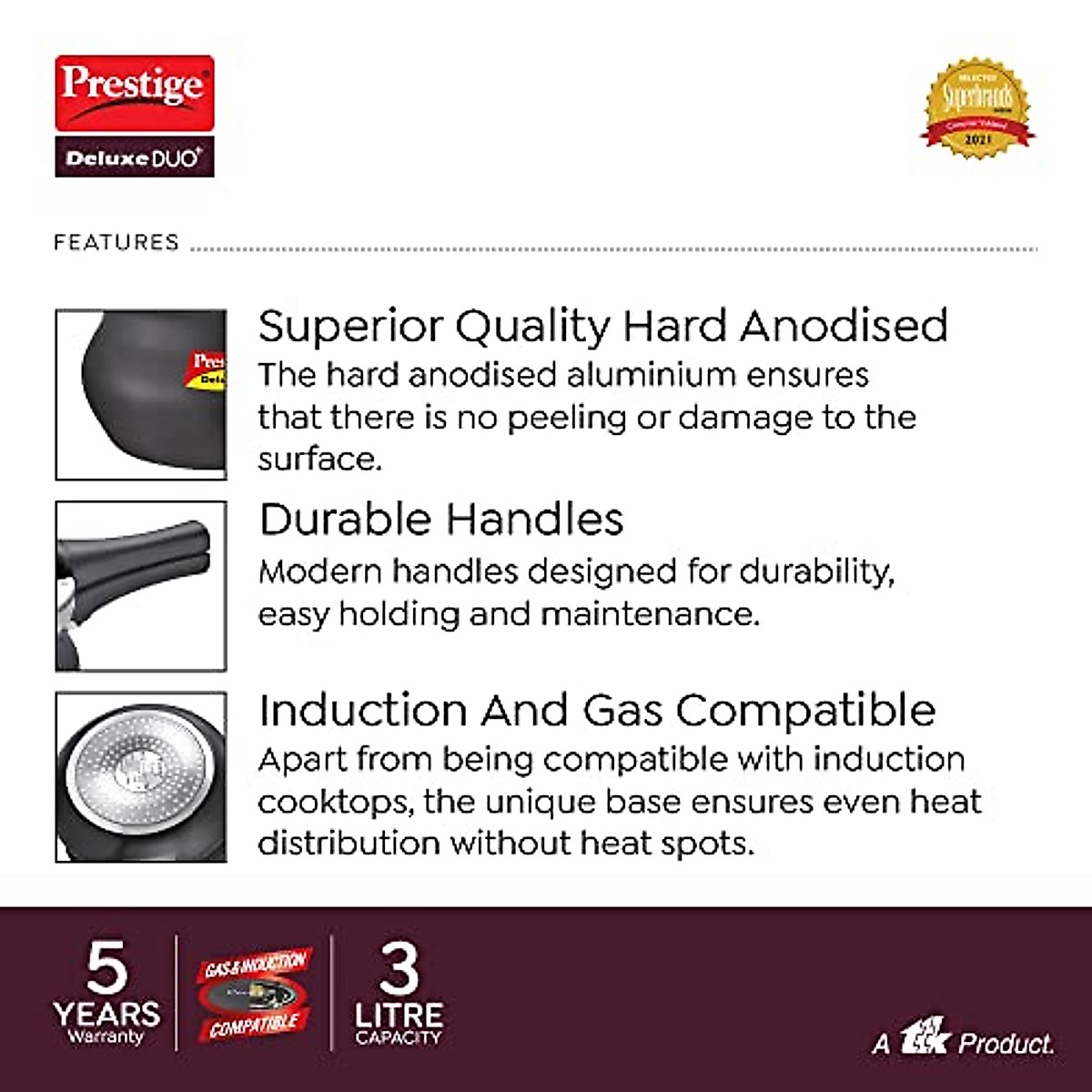 Prestige Deluxe Duo Plus Hard Anodised Handi Pressure Cooker With Stainless Steel Lid 3.0 Liters and Glass lid, medium (20144)