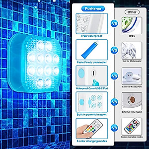 Purheme Rechargeable Submersible Pool Lights with Remote, Waterproof Underwater USB-C Charging Built-in 2600mAh Battery Magnet 16 Color Changing Floating LED Lights Party Decor