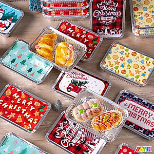 JOYIN 48 Pieces Christmas Foil Containers with Lids, 8 Holiday Designs, 7"x5"x2" Rectangular Treat Foil Containers, Disposable Food Storage Pan for Holiday Leftovers Goodie Container