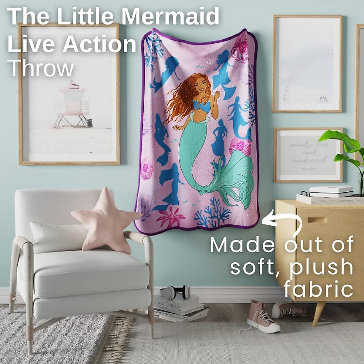 Franco Disney Princess Ariel The Little Mermaid Live Action Movie Kids Bedding Super Soft Plush Micro Raschel Throw, 46 in x 60 in, (Official Licensed Product)