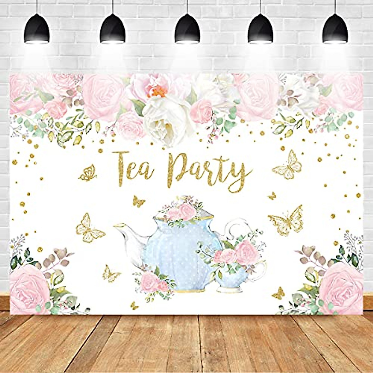 Mocsicka Tea Party Backdrop 7x5ft Princess Wonderland Floral Birthday Baby Shower Photo Backdrops Let's Partea Gold Butterfly Tea Time Photography Background