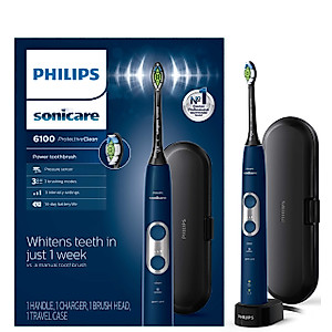 Philips Sonicare ProtectiveClean 6100 Rechargeable Electric Toothbrush, with Pressure Sensor, 3 Cleaning Modes, SmarTimer and QuadPacer, 14-Day Battery Life, Travel Case, Navy Blue, Model HX6871/49