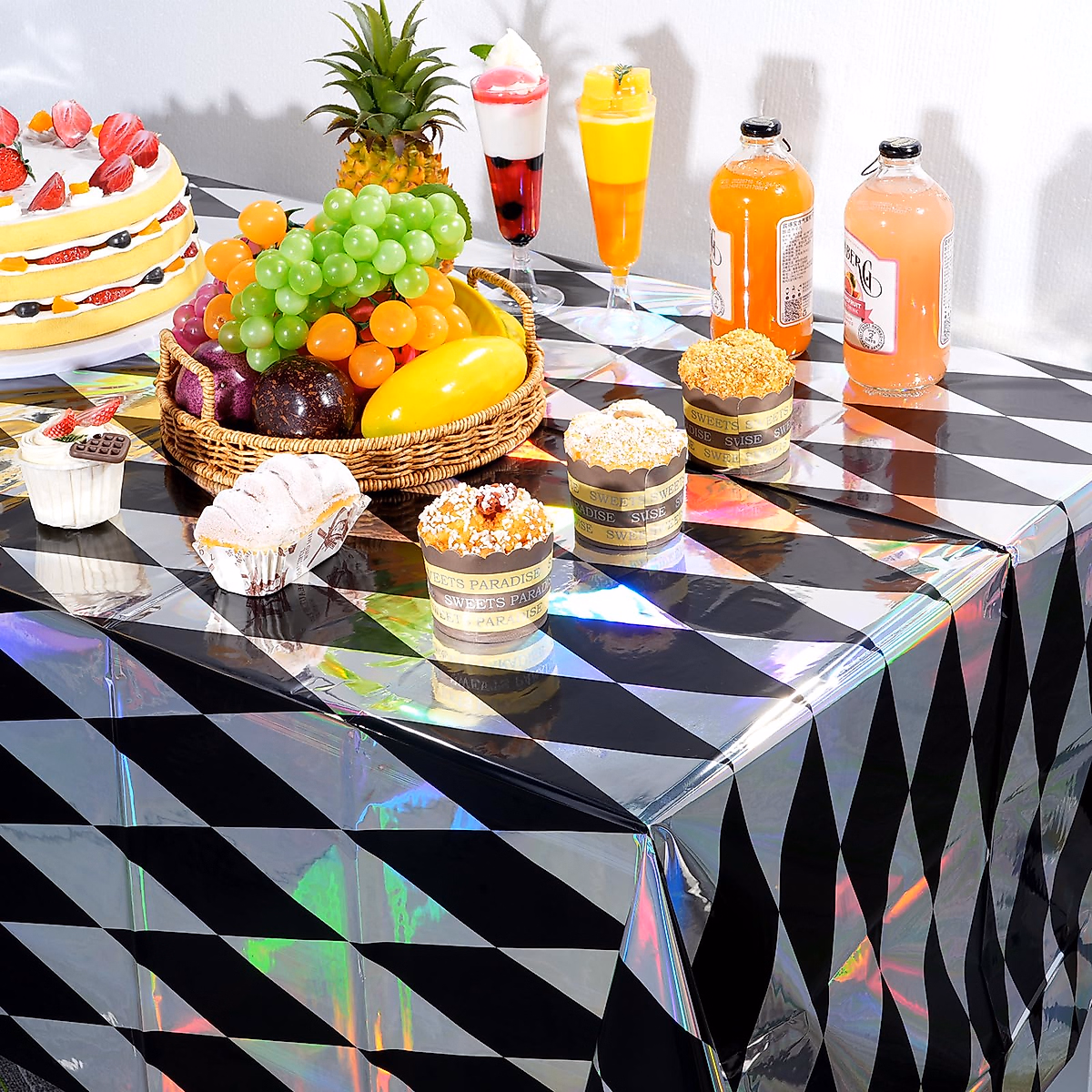 3 Pack Black and Iridescent Diamond Checkered Plastic Tablecloths, Black Gingham Plastic Table Cover, Holographic Foil Rectangle Tablecloth for Wonderland Picnic Camping Oktoberfest Party, 54x108 Inch