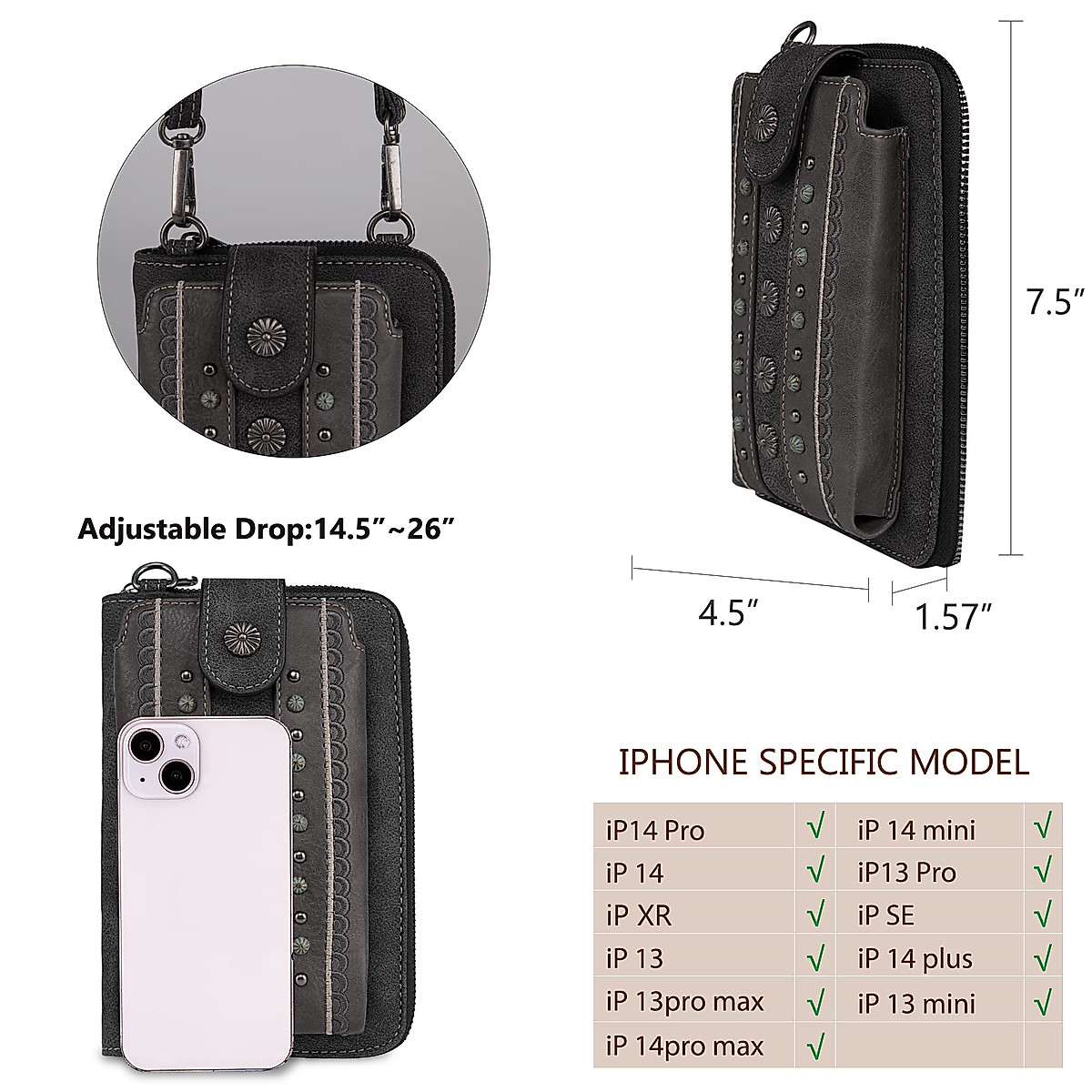 Montana West Crossbody Cell Phone Purse For Women Western Style Cellphone Wallet Bag Travel Size With Coin Pocket PHD-2012BK