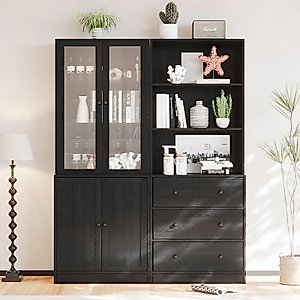 VOWNER Vertical File Cabinet, 3-Tier Modern Bookshelf with 3 Large Drawer, Wood Filing Cabinet with Open Storage Shelf, Glass Doors and Fixed Storage Shelves for Home Office, Black