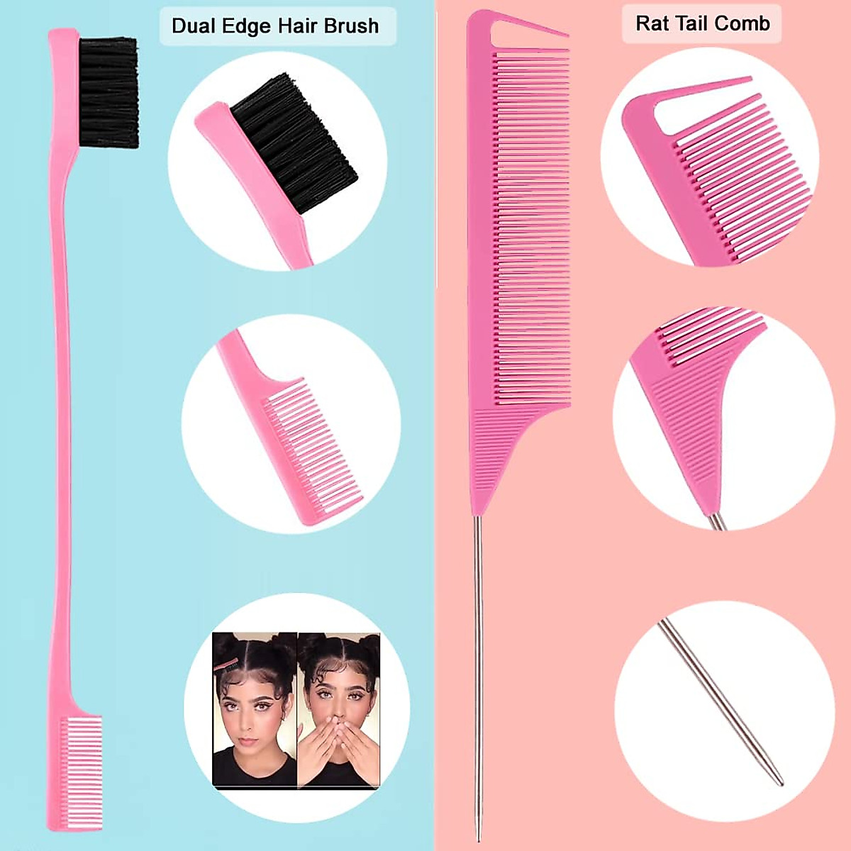 Hair Styling Tool Set: Combs, Triple Teasing Brush, Edge Brush, Rat Tail Combs, Braid Loop with Clips for Women, Girls, Kids and Stylists
