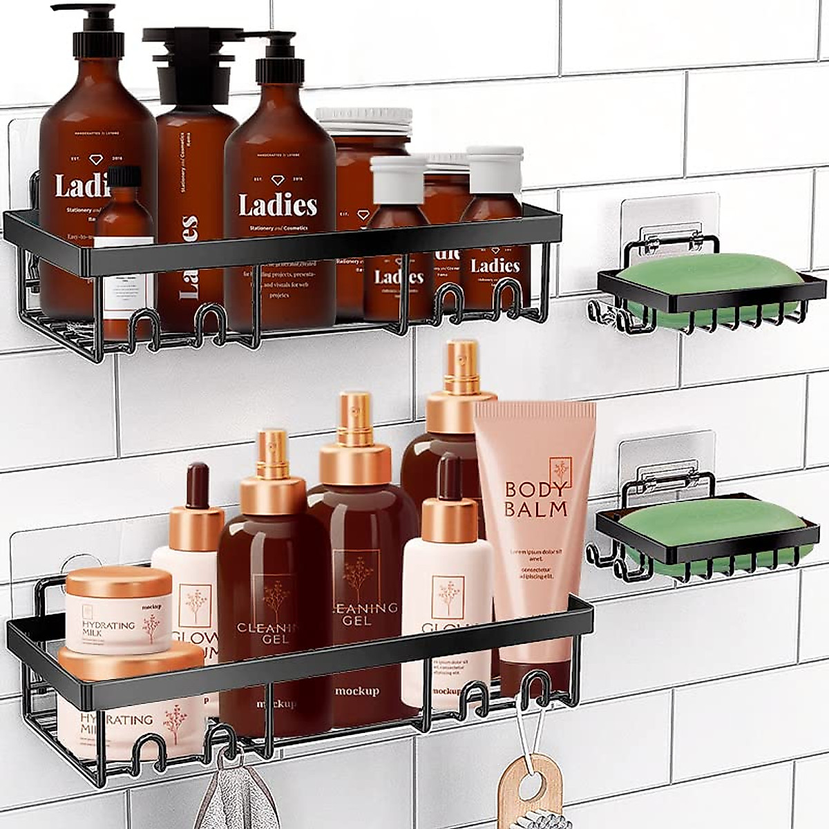 Shower Caddy Organizer & Soap Dish Holder Set, 4PCS with Removable Self Adhesive Hooks Shelf Basket Shelves for Shampoo Small Essentials Storage Bathroom Organization Kitchen Accessories Spice Racks