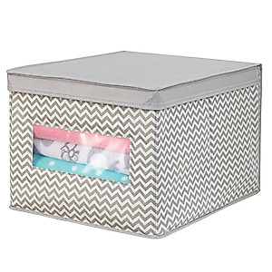 mDesign Large Soft Stackable Fabric Baby Nursery Storage Organizer Holder Bin Box with Front Window/Lid for Child/Kids Bedroom, Playroom, Classroom, Spira Collection, 4 Pack, Taupe/Natural