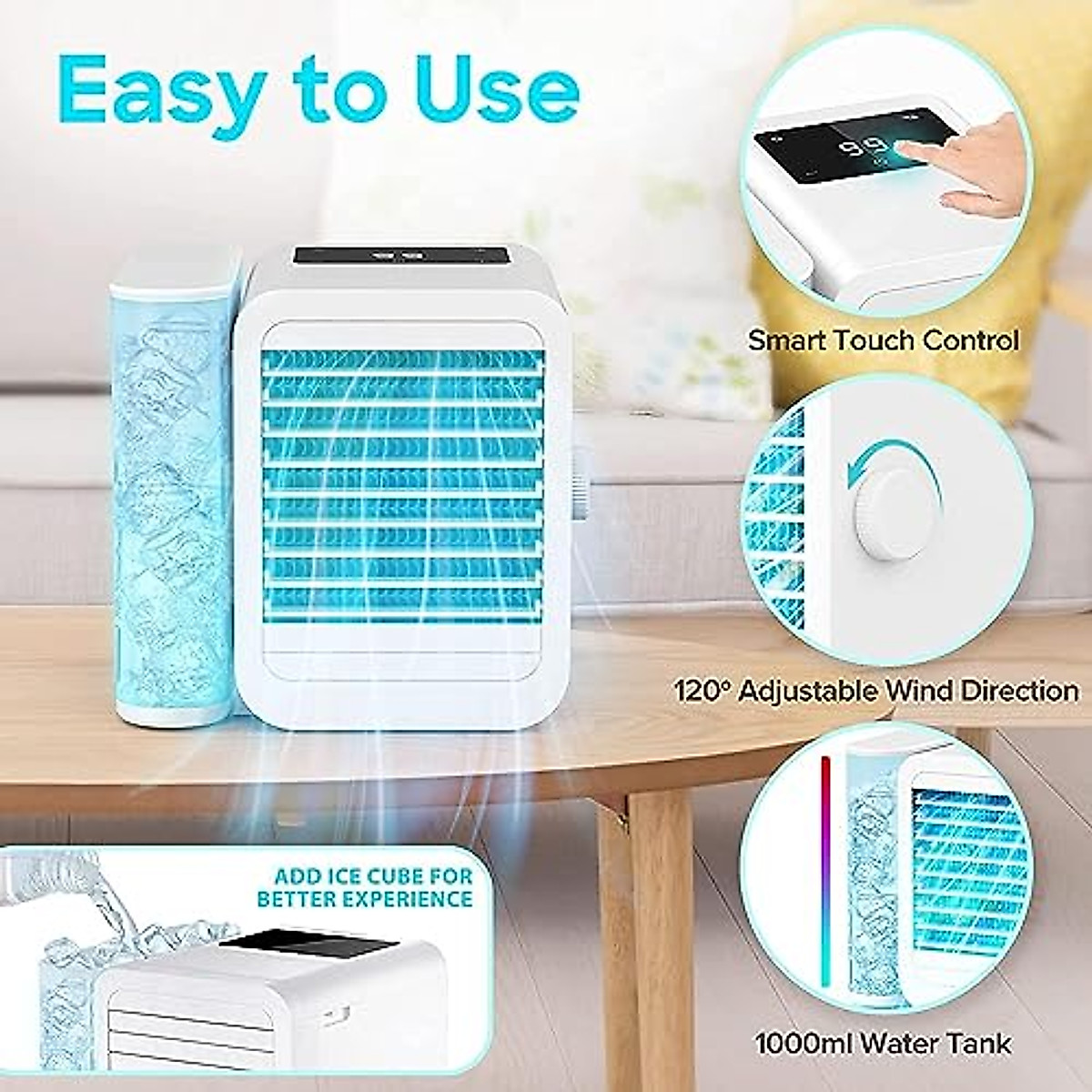 Portable Air Conditioners Fan: 1000ml Evaporative Mini Air Cooler with 3 Speeds, 7 LED Light, Personal Air Cooler Desktop Cooling Fan, Air Conditioner Portable AC Unit for Home Room Office Desk