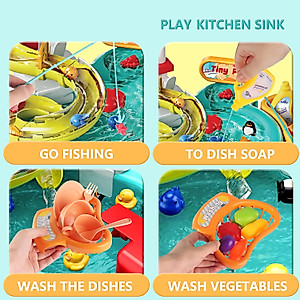 Jiakora Play Sink with Running Water, 3-in-1 Toddler Kitchen Toys, Water Table, Fishing Set, Tracks, Pretend Play Kitchen Cleaning Set water toys for toddlers 1-3