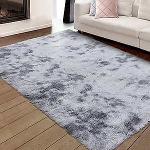 IMINROME Area Rug 9x12 for Living Room Fluffy Rugs Shag Carpet for Living Room Tie-Dyed Shag Rug for Kids Room Plush Furry Rugs Decorative Accent Rug for Indoor Home Floor Carpet, Light Grey