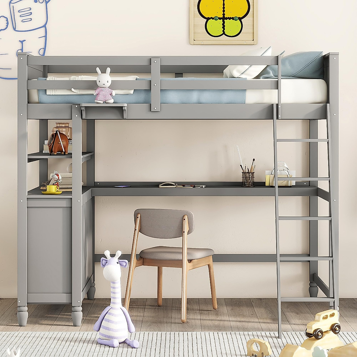 MERITLINE Twin Size Loft Bed with Desk and Dresser, Wooden Loft Bed with Storage Drawers and Shelves for Kids Teens Boys Girls,No Box Spring Needed,Grey
