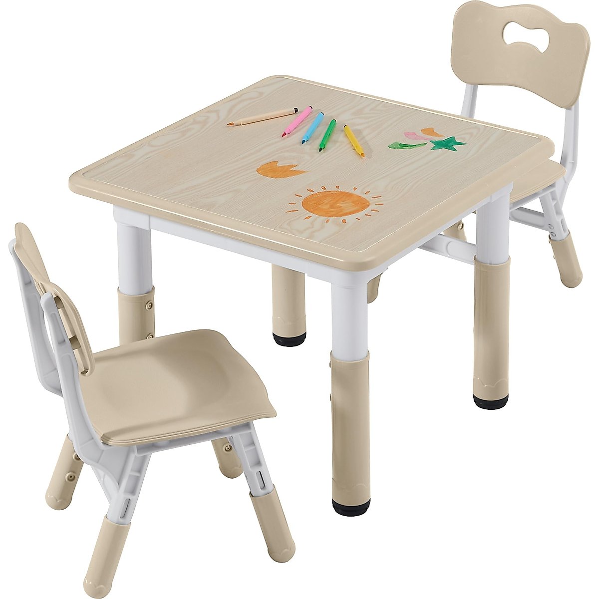 SwemDec Kids Table and 2 Chairs Set, Toddler Table and Chair Set with Graffiti Tabletop, Children Multi-Activity Table for Ages 3-8, Height-Adjustable Kids Study Table for Classroom/Daycare/Home