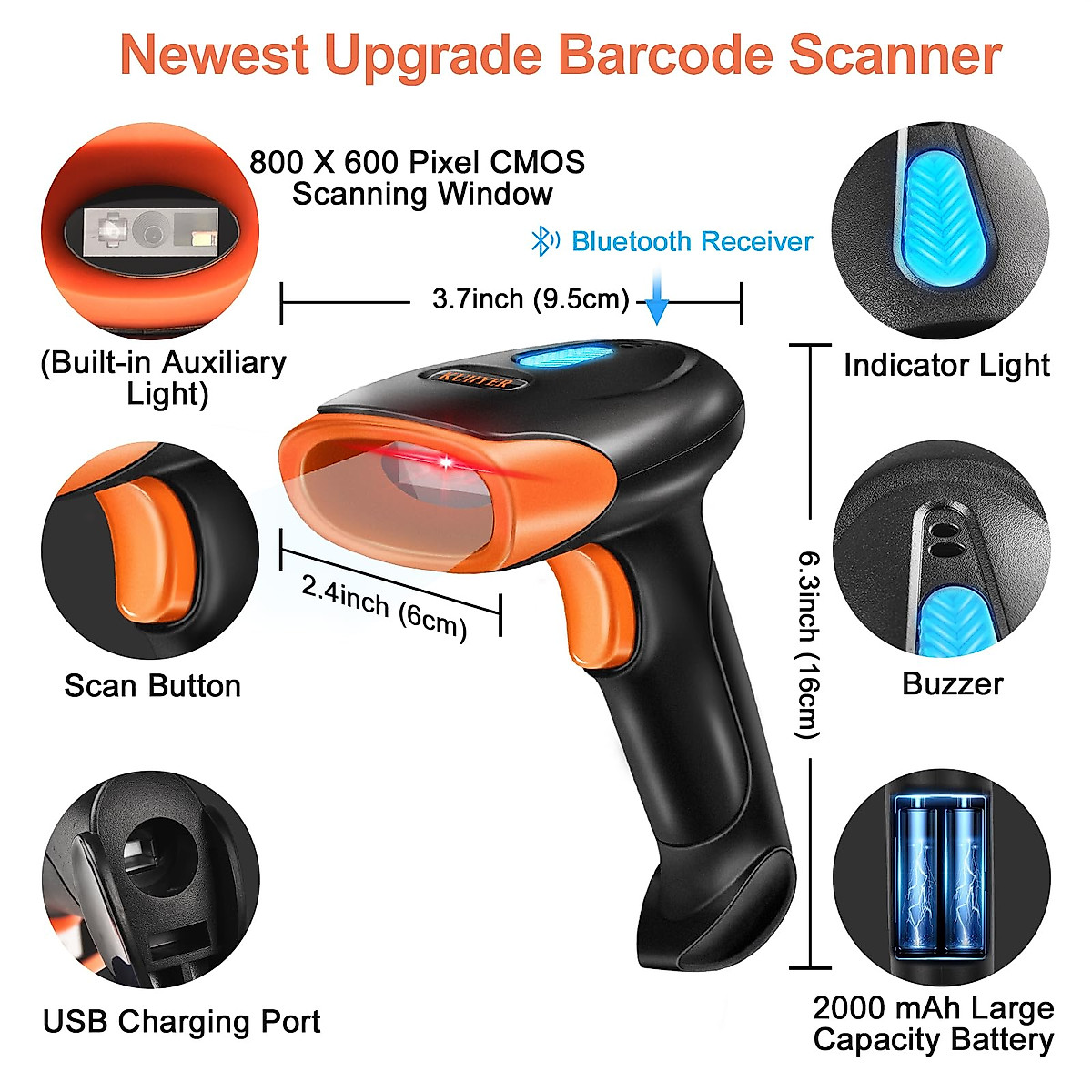 KUIIYER Bluetooth Barcode Scanner, Wireless 2D QR 1D Bar Code Scanners Handheld Barcode Reader with Updated 800 X 600 Pixel CMOS, Plug & Play for Warehouse, Library, Supermarket, Square POS System