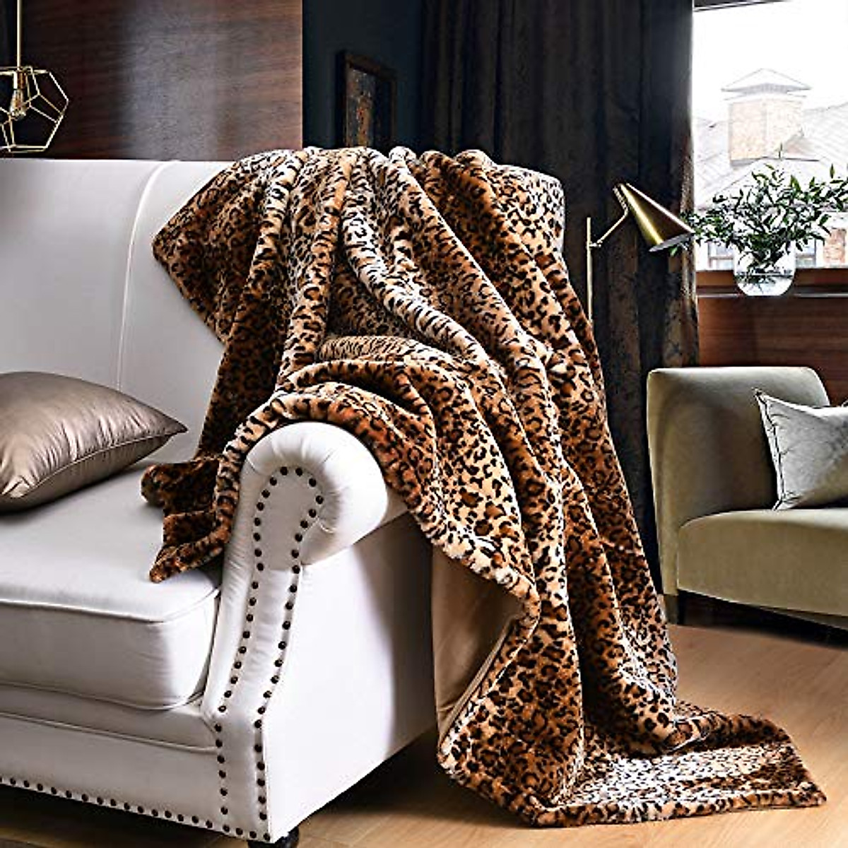 Faux Fur Throw Blanket Leopard Bed Blanket 50"x70" Super Soft Warm Reversible with Flannel Fleece Fuzzy Printed Blanket