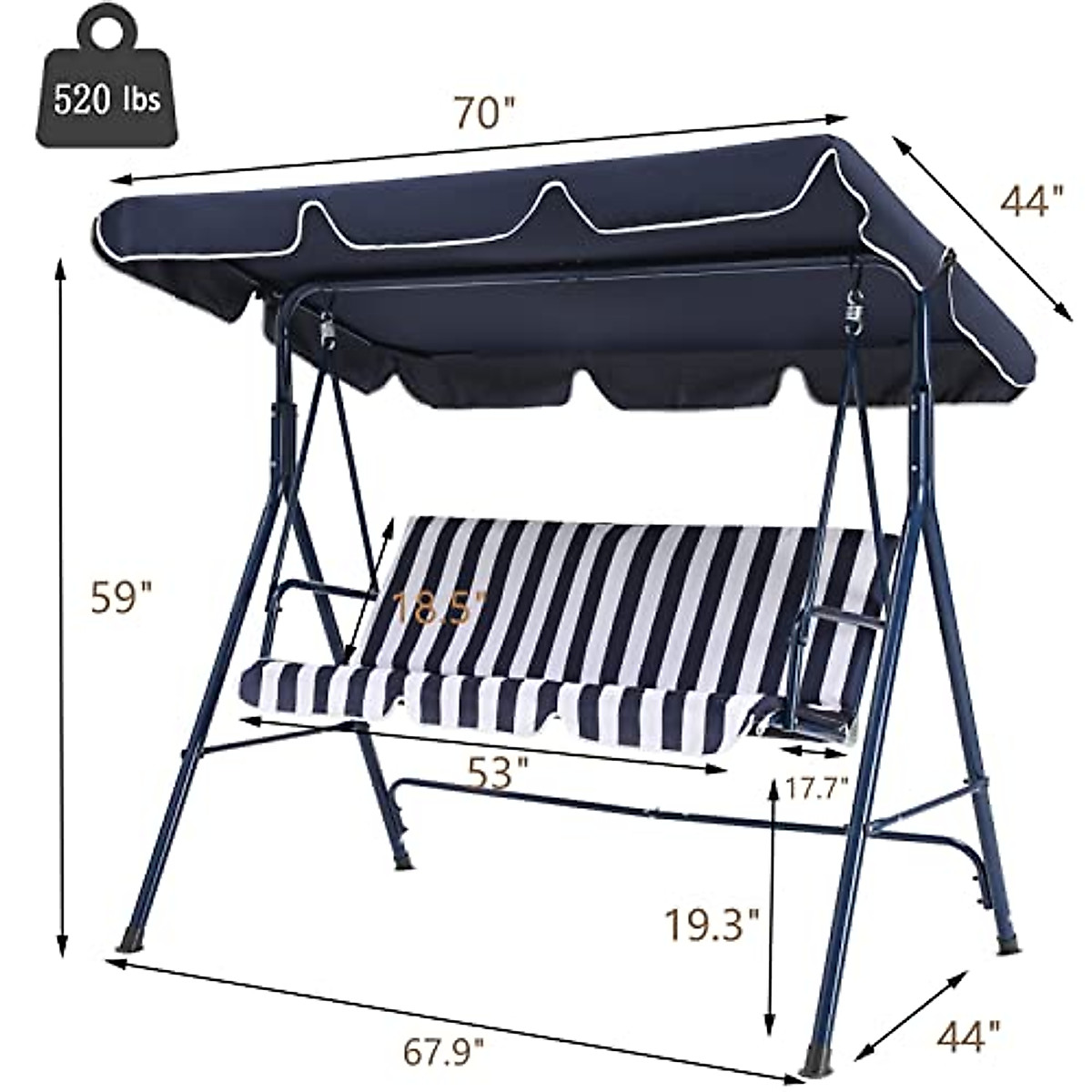 SUPERJARE Porch Swing with Adjustable Height Chain, 70’’ Convertiable Canopy Outdoor Swing, 3 Person Patio Swing, Outside Swing Chair for Yard, Garden, Poolside - Blue and White