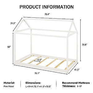 Merax Twin Size Wooden House Bed for Kids,No Box Spring Needed, White