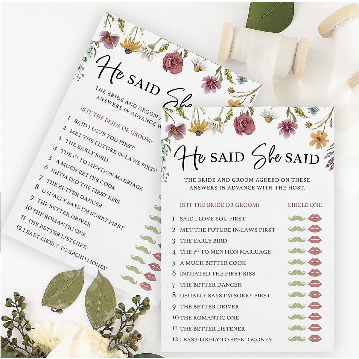 Printed Party Bridal Shower Game Set – 4 Fun Games and Activities for 30 Guests, Includes Bingo, Emoji Guessing, and Bride & Groom Trivia, Love In Bloom Wildflower Design
