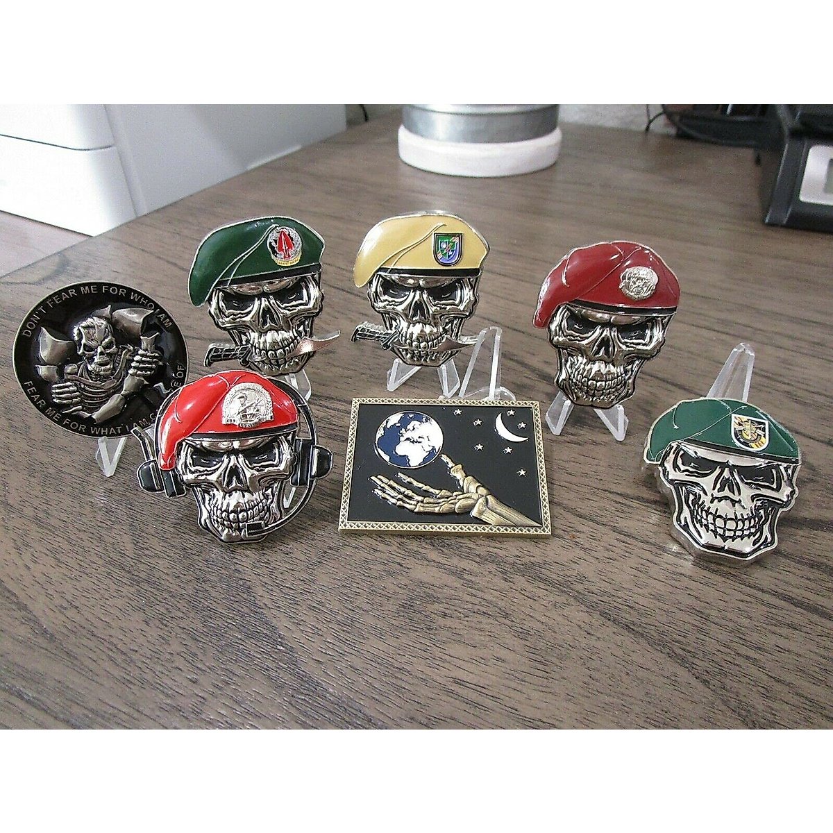 Set of 7 Special Forces Skull Challenge Coins JSOC US Special Operations Command US Army Ranger USAF Pararescue USAF Combat Control Green Berets & Army Delta Force