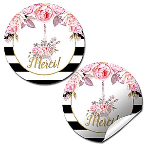 Ooh La La Paris Thank You Sticker Labels, 40 2" Party Circle Stickers by AmandaCreation, Great for Party Favors, Envelope Seals & Goodie Bags