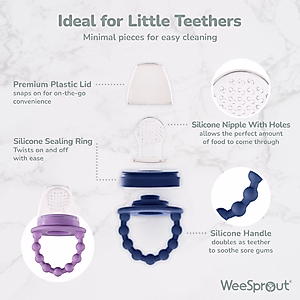 WeeSprout Silicone Baby Food Feeders + Freezer Tray for Batch Prep, Set of 2, Introduce New Foods Safely, Double as Teething Toys, Includes 2 Extra Pouches & Travel Lids, Dishwasher Safe