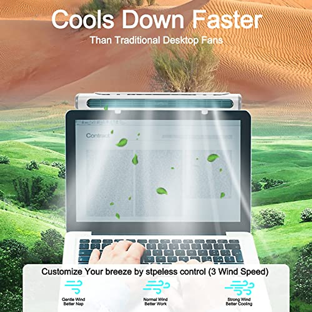 DauMeiQH Office Desk Monitor Screen Fan, Bladeless Tower Standing Fan Bar for Bedroom, 4000mAh Battery Powered Table Top Cooling Stand up Tall Fan with USB-C Charging Cable, 12 inch Air Outlet- White