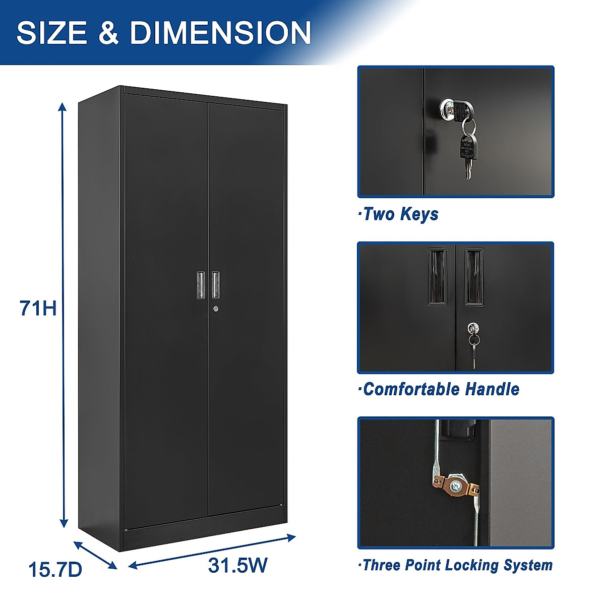 iDEKAI Metal Storage Cabinet with Locking Doors and Adjustable Shelves, 71" H Lockable Steel Storage Cabinets for Home, Office, Garage, School (Black)