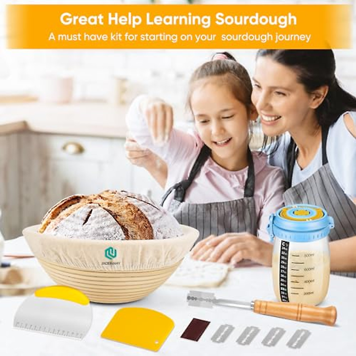 JAOBHAHY Sourdough Bread Baking Supplies, 2 PCS 9" banneton Bread Proofing Baskets, 34 OZ Starter Jar, Linen Liner, Bowl Scraper, Dough Cutte, Bread lame, Temperature Stickers,Perfect Bread Making Kit