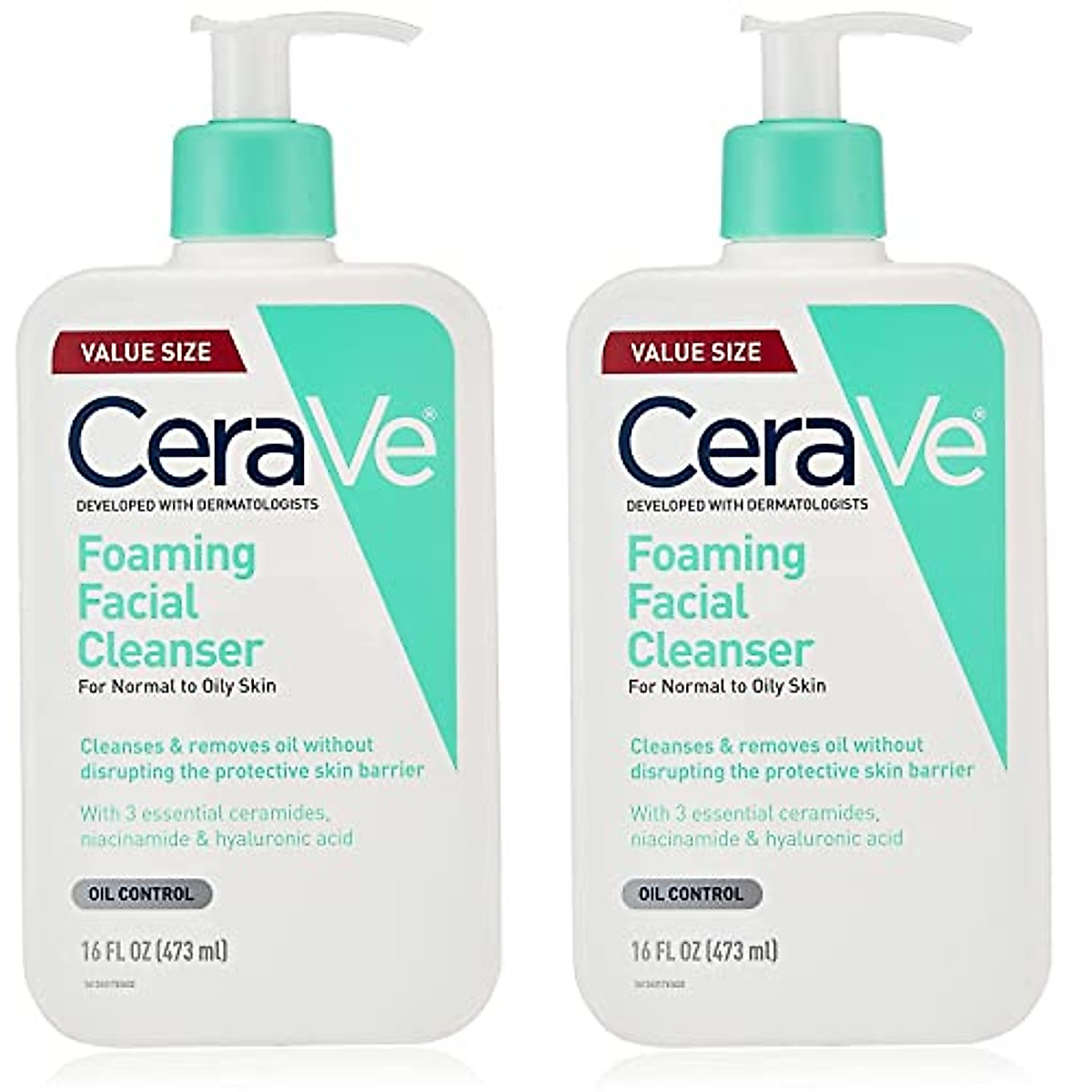 Foaming Facial Cleanser, Makeup Remover and Daily Face Wash for Oily Skin, Paraben & Fragrance Free, 2 Pack of 16 Fl Oz